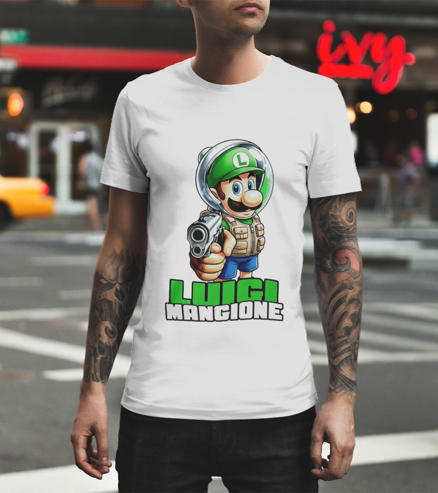 Luigi Mangione Super Mario Green Hat Gun Image T-Shirt