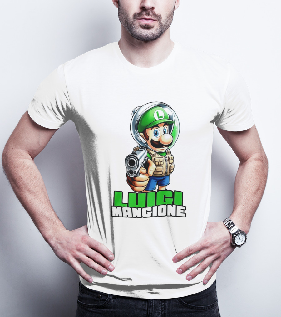 Luigi Mangione Super Mario Green Hat Gun Image T-Shirt