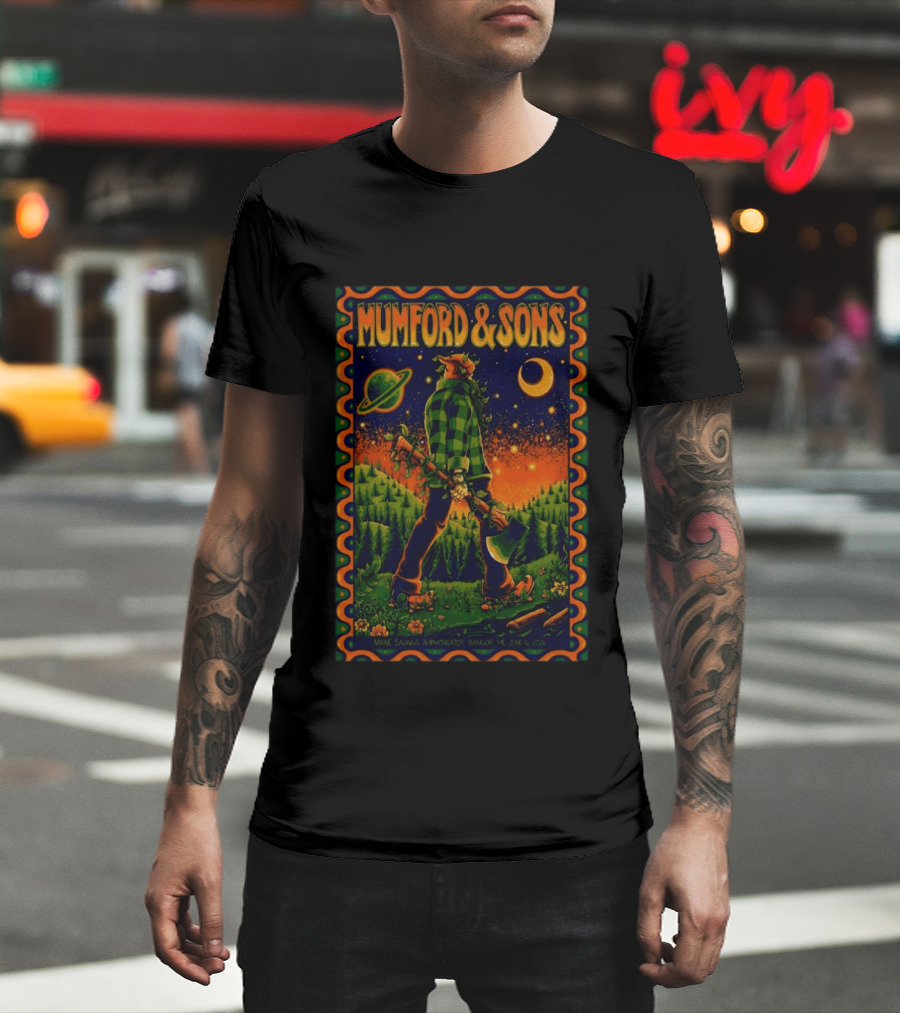Mumford And Sons Maine Savings Amphitheater Bangor ME June 16 2026 Concert Planet And Moon Lumberjack T-Shirt