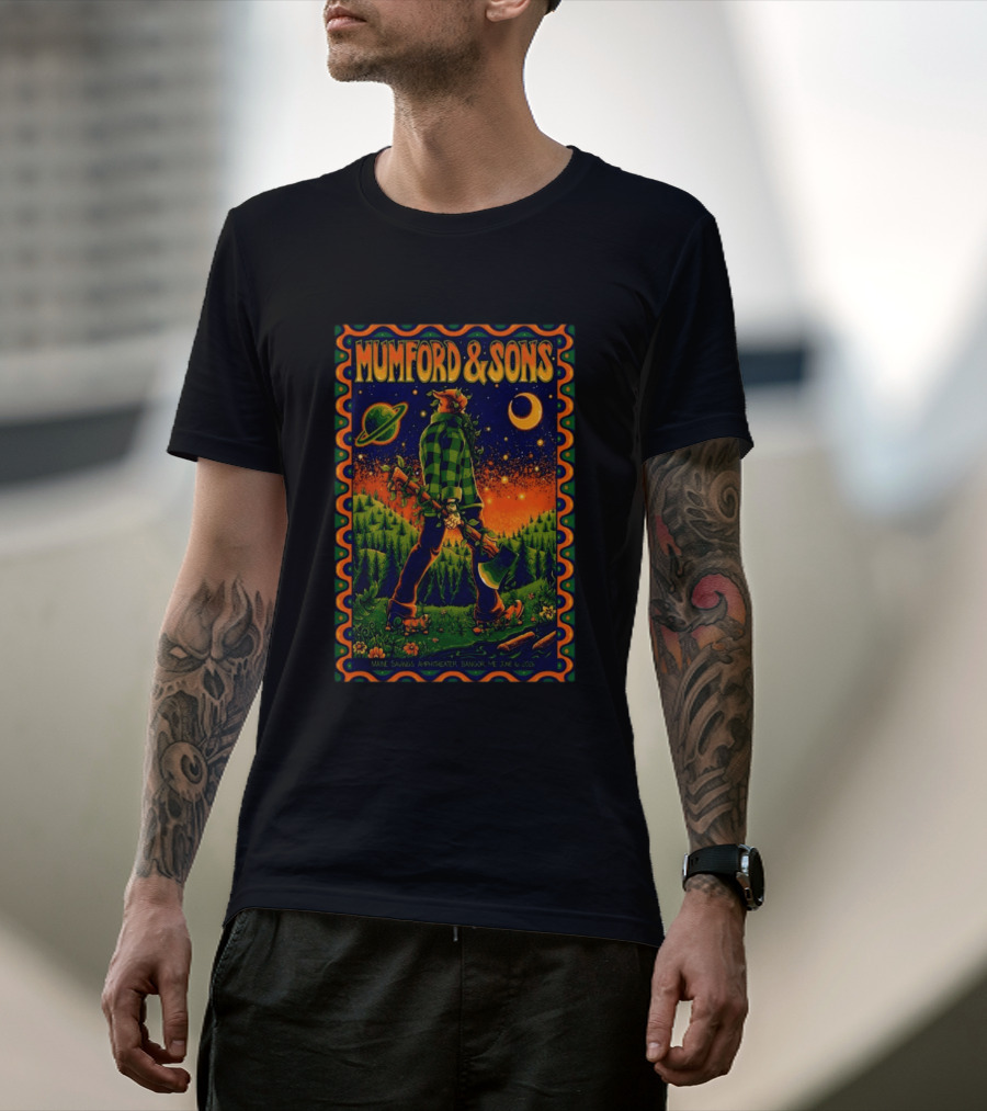 Mumford And Sons Maine Savings Amphitheater Bangor ME June 16 2026 Concert Planet And Moon Lumberjack T-Shirt