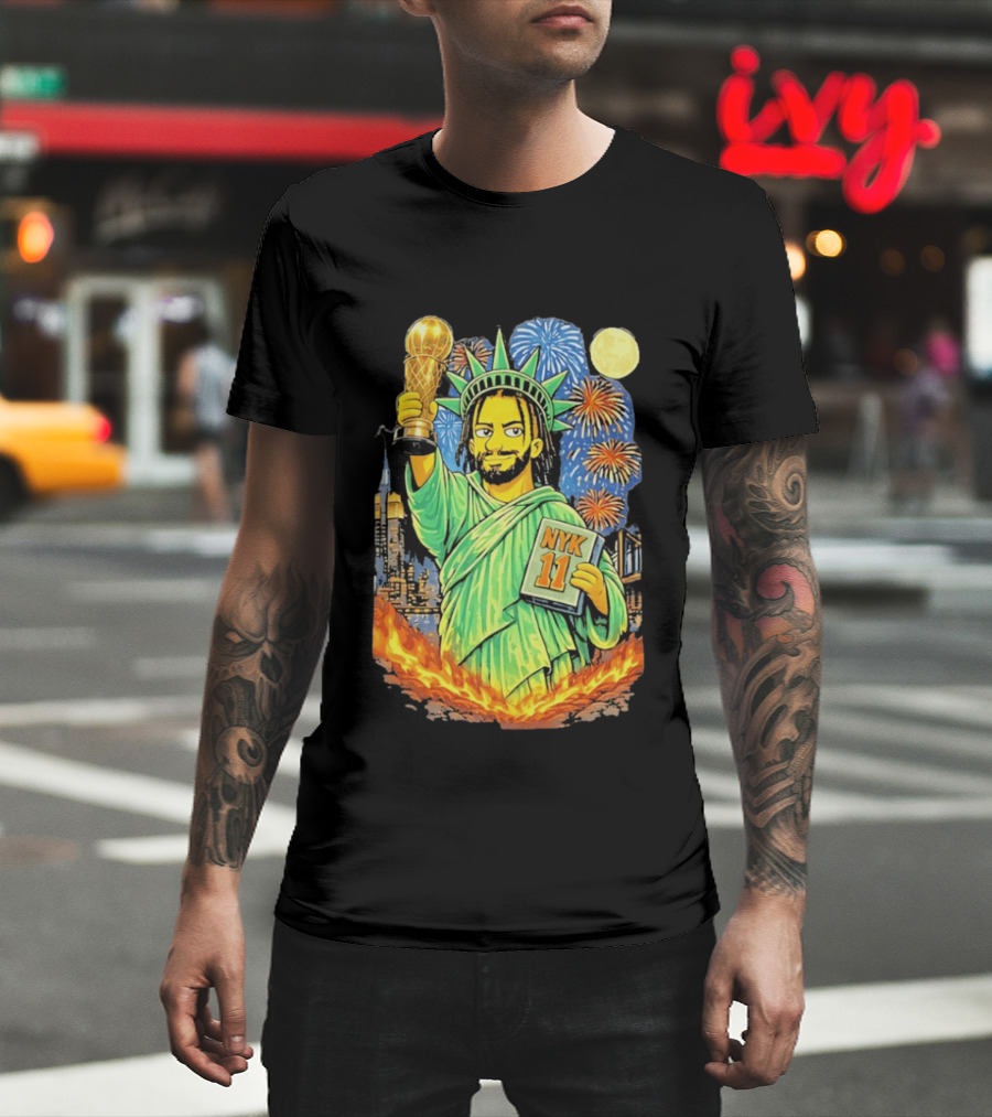 New York Knicks Jalen Brunson As Statue Of Liberty NYK 11 With Trophy And Fireworks T-Shirt