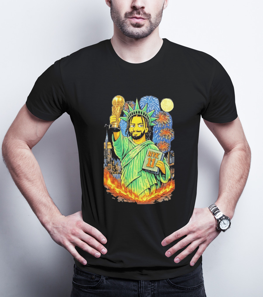New York Knicks Jalen Brunson As Statue Of Liberty NYK 11 With Trophy And Fireworks T-Shirt