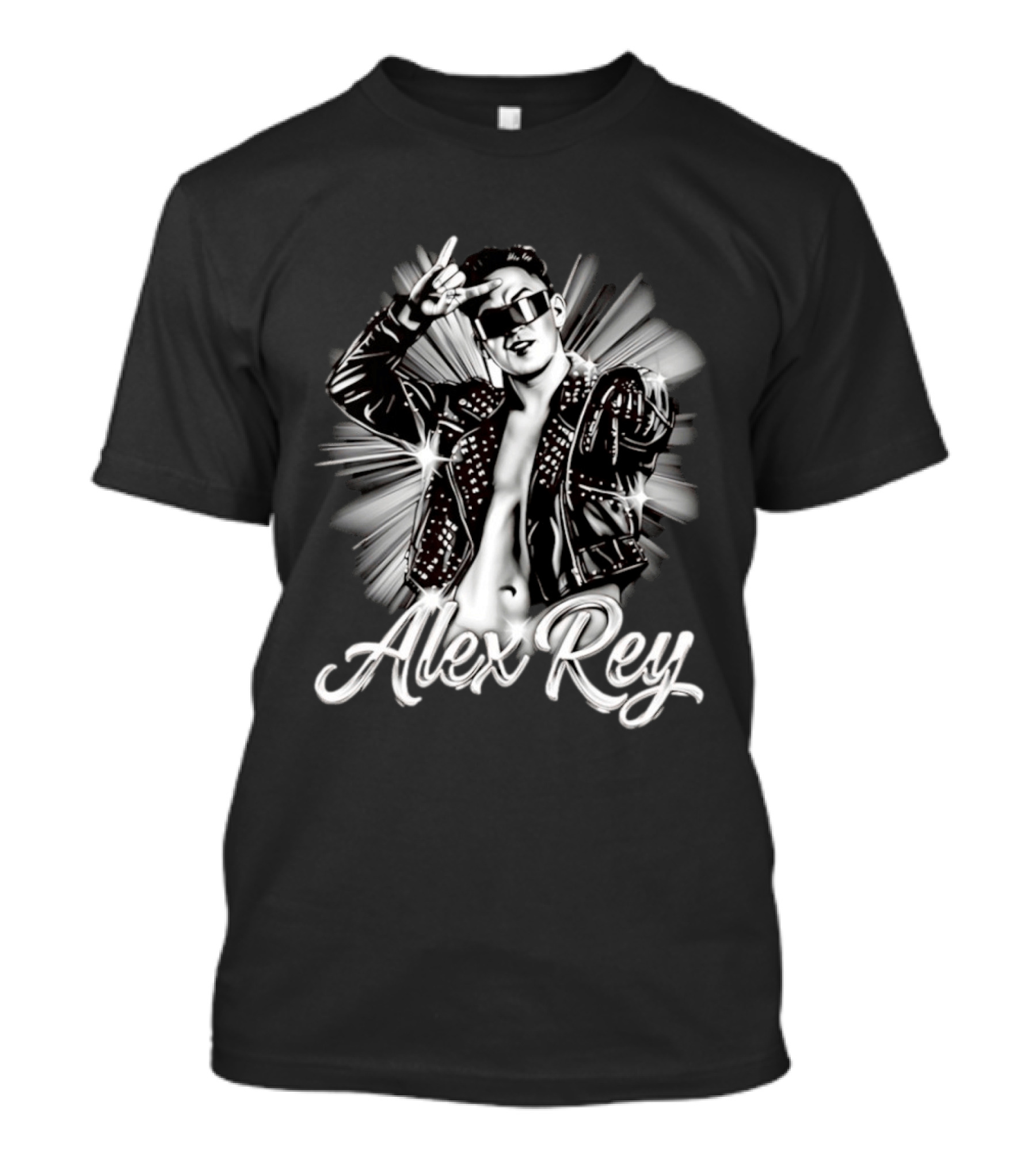 Alex Rey Pro Wrestling Player Collage Studded Jacket Sunglasses Pose T-Shirt