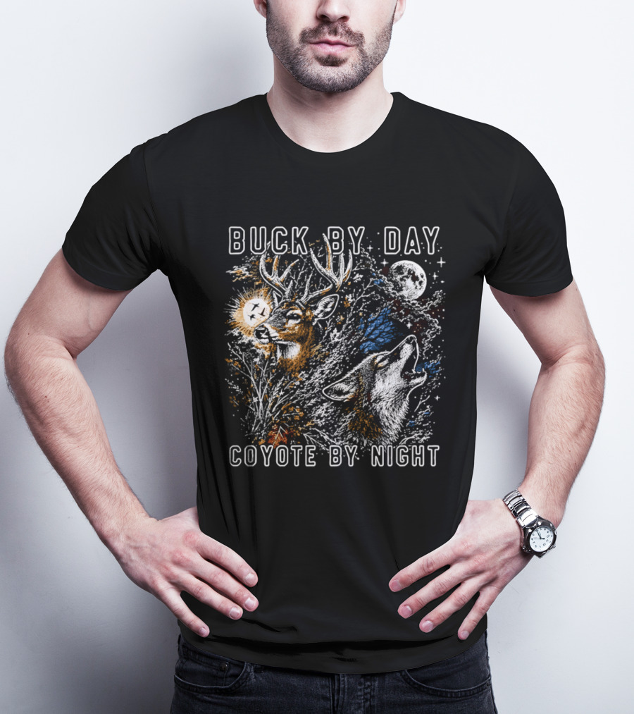 Buck By Day Coyote By Night Deer And Wolf Moon Scene T-Shirt