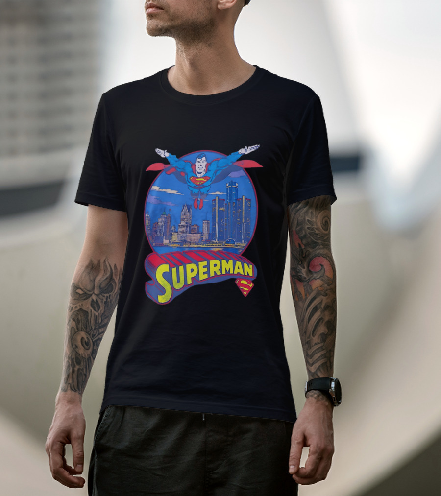 Detroit Superman Jay Towers Motor City Skyline Superman Logo Retro Comic T-Shirt