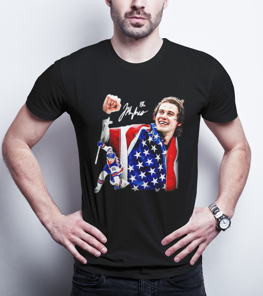 Jack Hughes New Jersey Devils USA Flag 86 Hockey Celebration T-Shirt