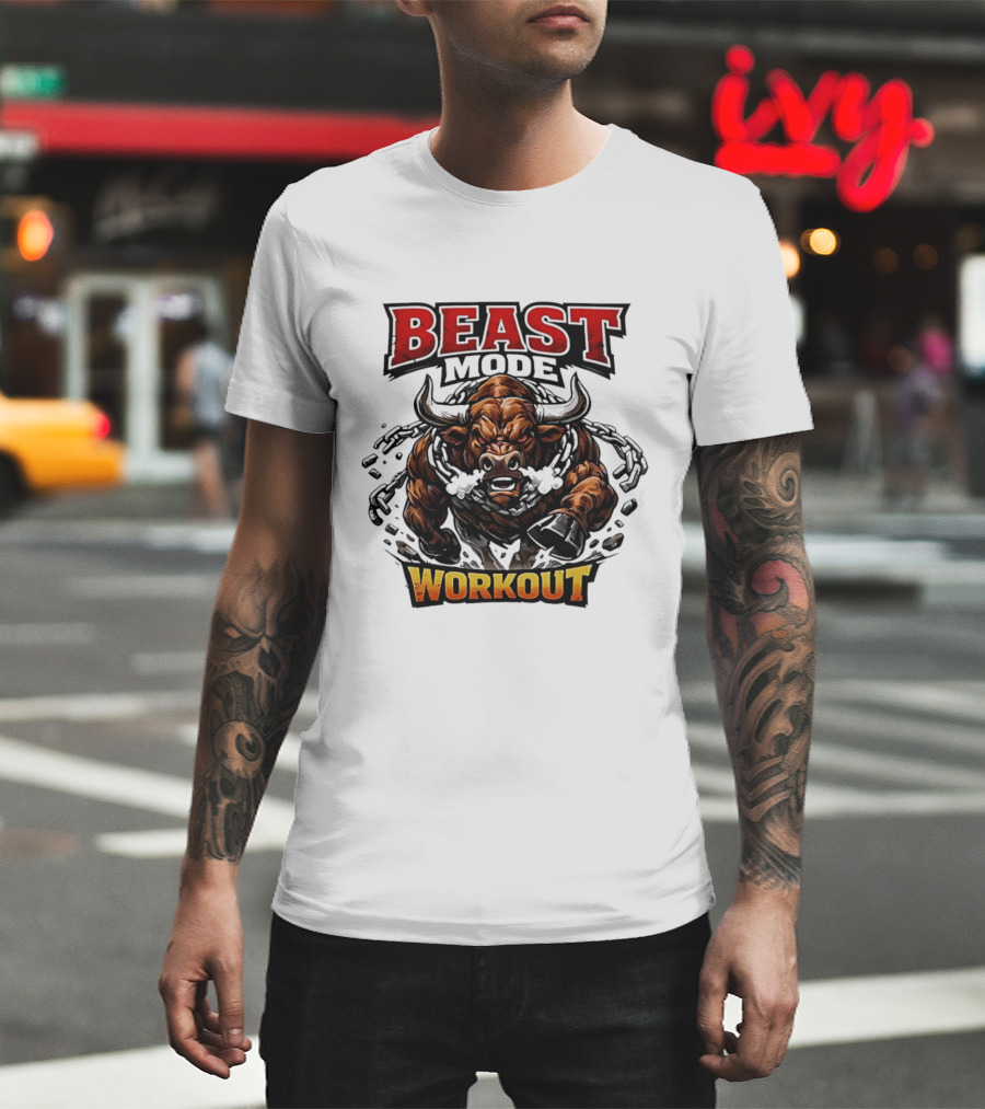 Beast Mode Workout Illustrated Bull Breaking Chains T-Shirt