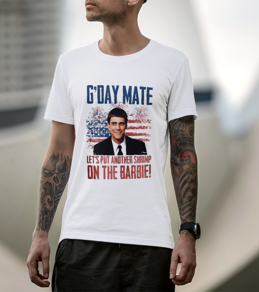 G'Day Mate Let's Put Another Shrimp On The Barbie 4th Of July With Stars And Stripes Fireworks T-Shirt