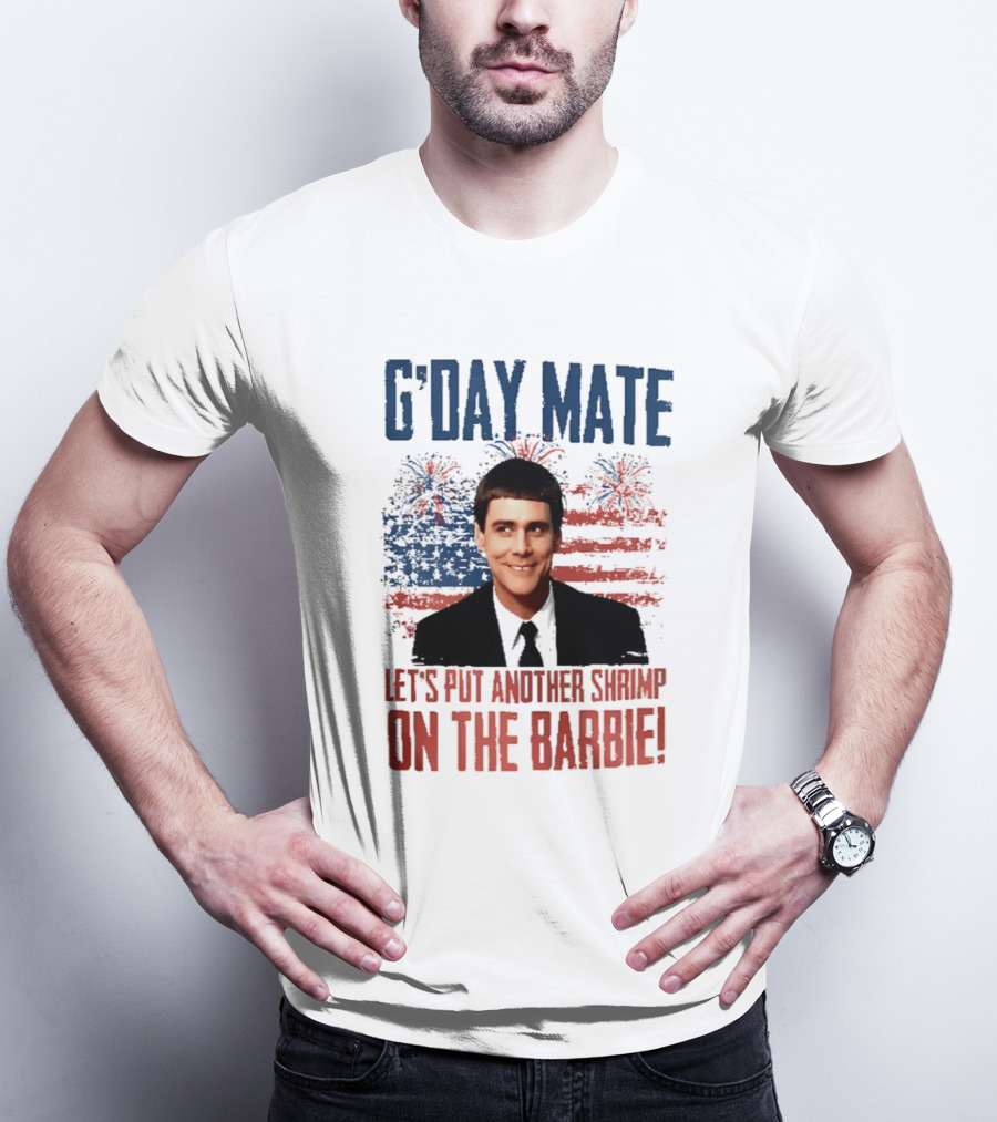G'Day Mate Let's Put Another Shrimp On The Barbie 4th Of July With Stars And Stripes Fireworks T-Shirt