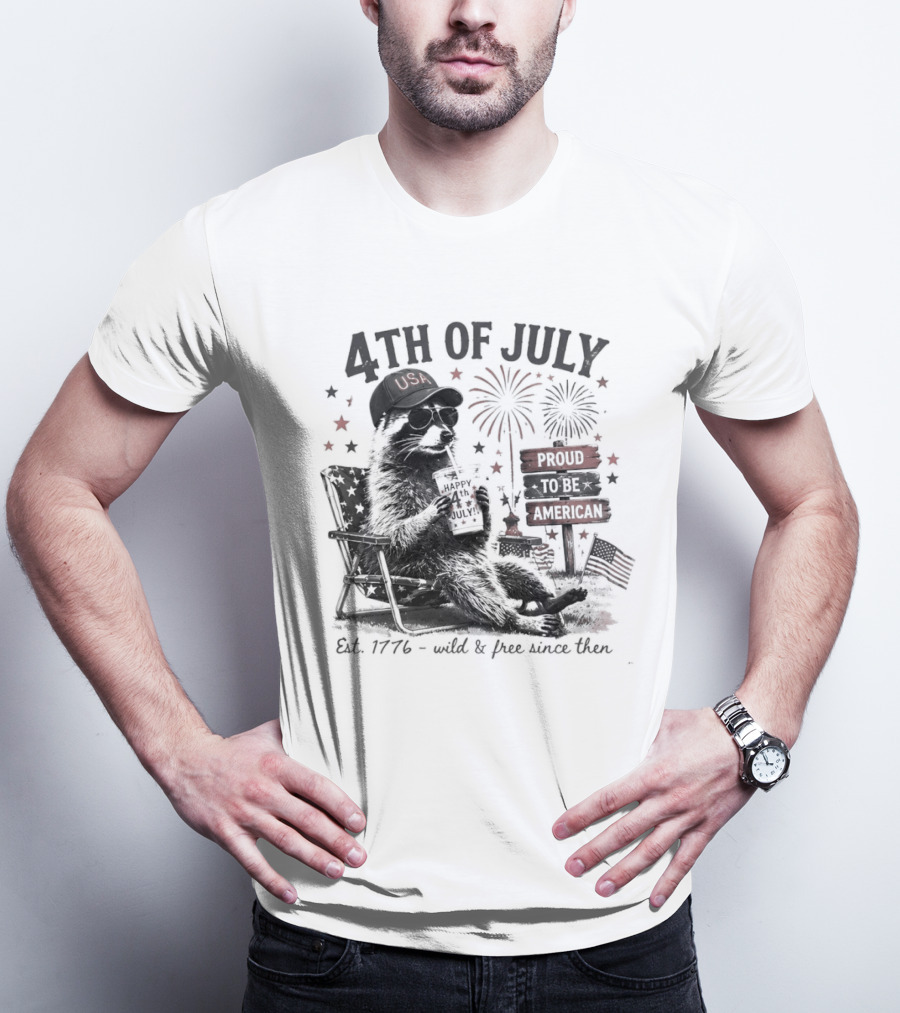 4th Of July Raccoon USA Hat Sunglasses Proud To Be American Est 1776 T-Shirt