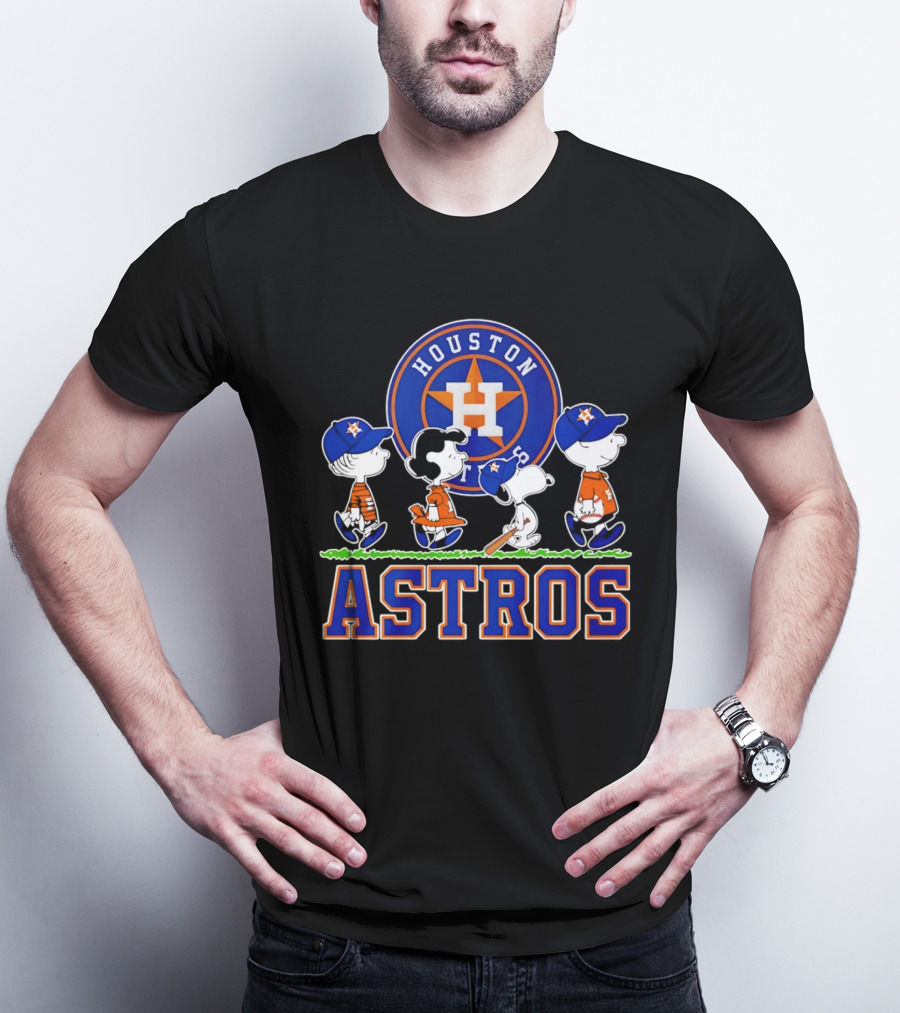 Houston Astros Peanuts Characters Snoopy Walking Baseball Team T-Shirt