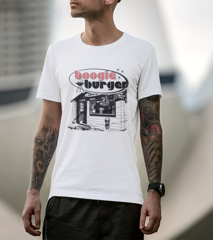 Boogie Burger BBQ Rustic Cabin Scene T-Shirt