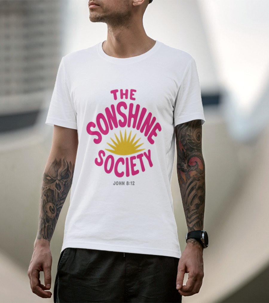The Sonshine Society John 8 12 Bold Pink Yellow Sunburst T-Shirt