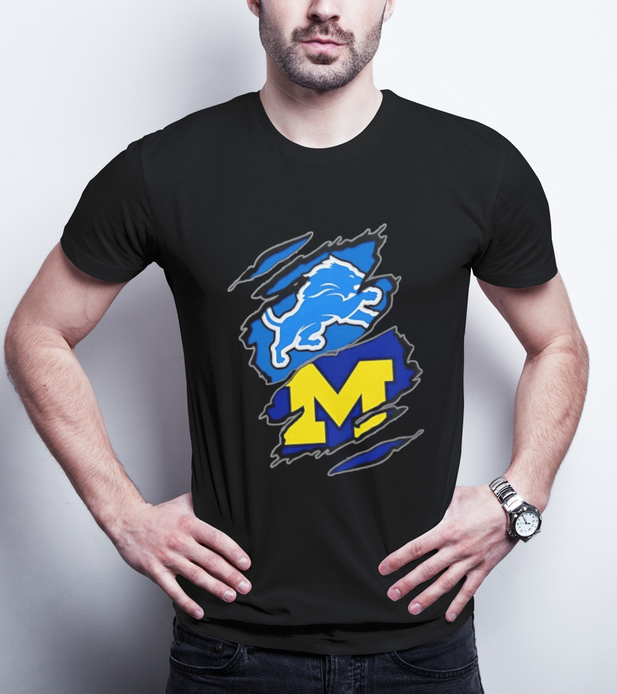 Detroit Lions Michigan Wolverines Two Teams One Heart Scratch T-Shirt