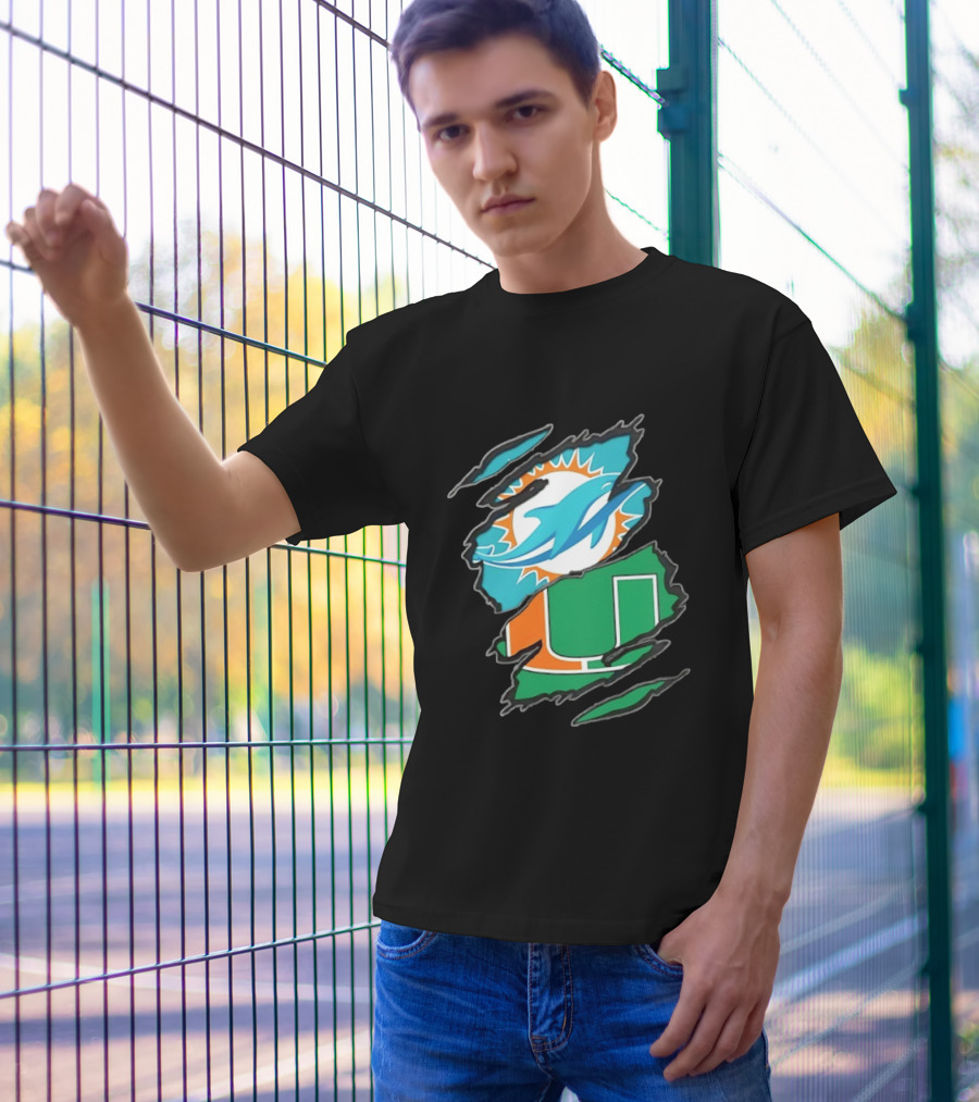 Miami Dolphins And Miami Hurricanes Two Teams One Heart Scratch T-Shirt