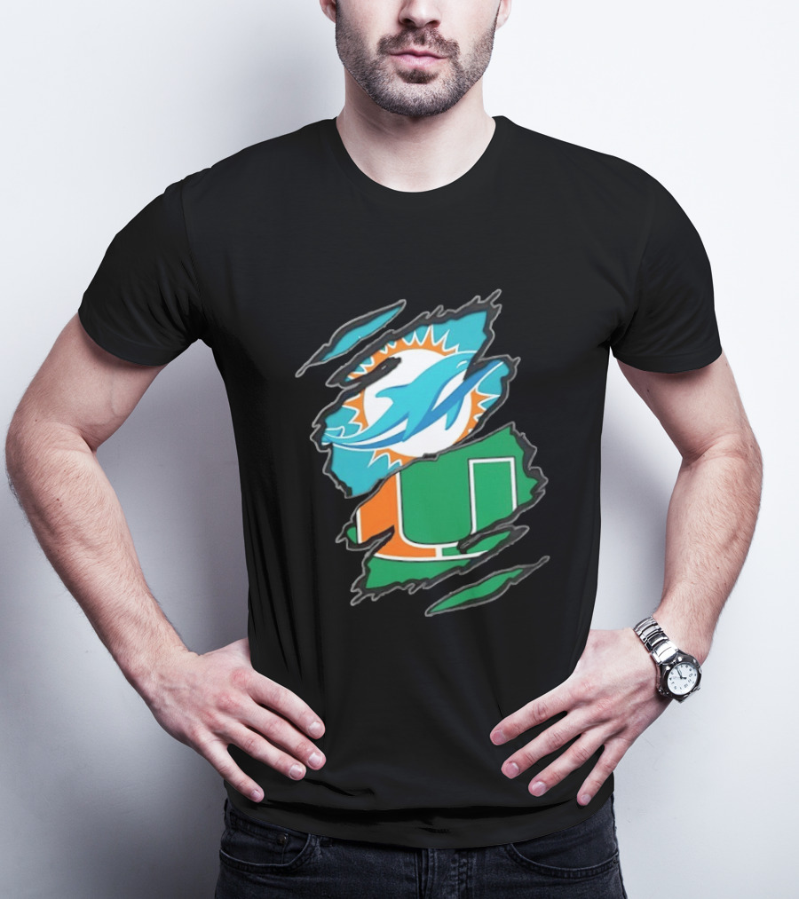 Miami Dolphins And Miami Hurricanes Two Teams One Heart Scratch T-Shirt