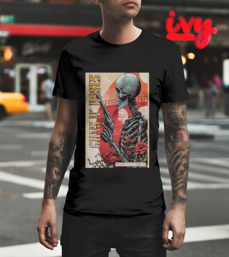 Guns N' Roses Amsterdam 18 June 2026 Ziggo Dome Skeleton With Gun And Roses T-Shirt