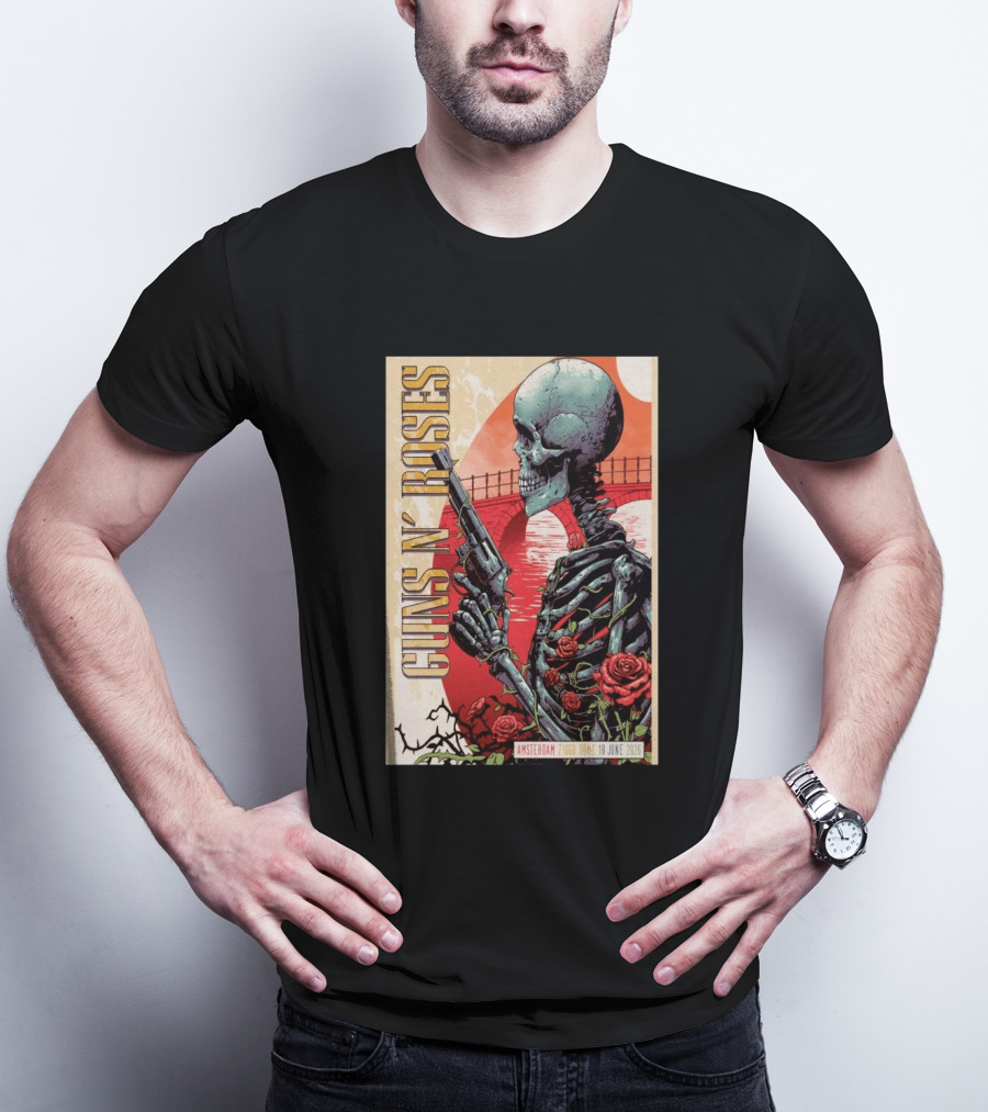 Guns N' Roses Amsterdam 18 June 2026 Ziggo Dome Skeleton With Gun And Roses T-Shirt
