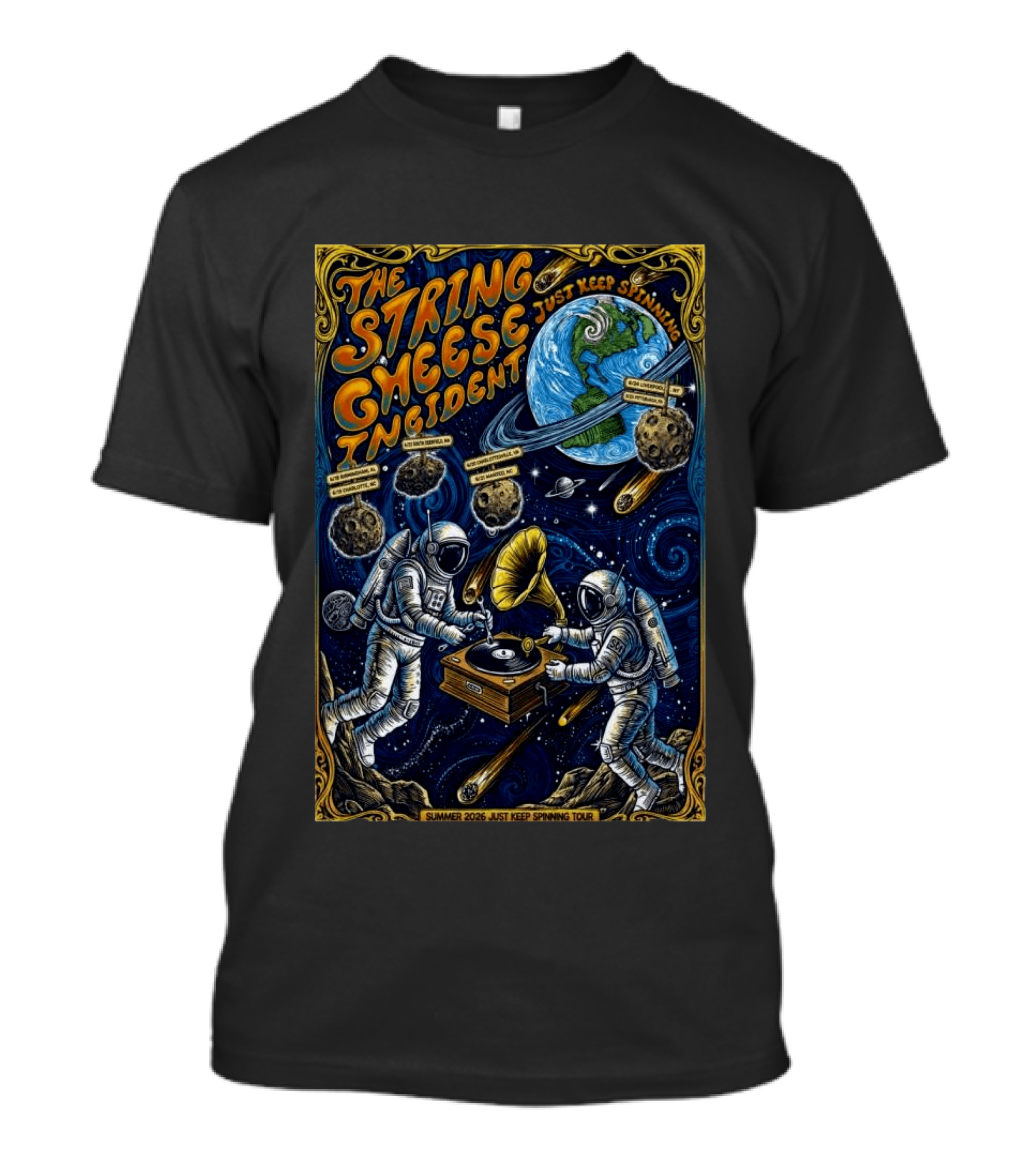 The String Cheese Incident Summer 2026 Just Keep Spinning Tour Astronauts Vinyl Planet T-Shirt