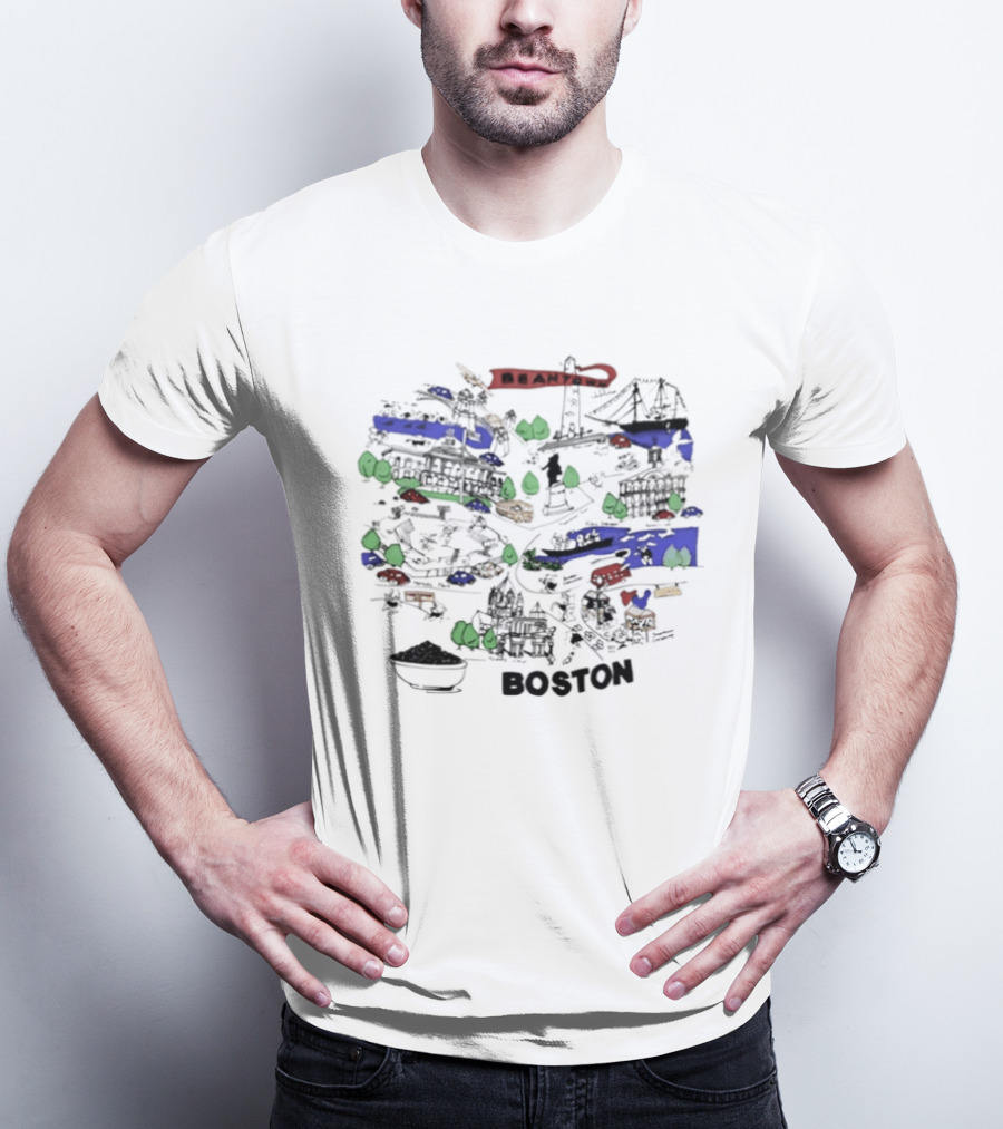 Beantown Boston Skyline Map Massachusetts Souvenir Bridge Boat Trees T-Shirt