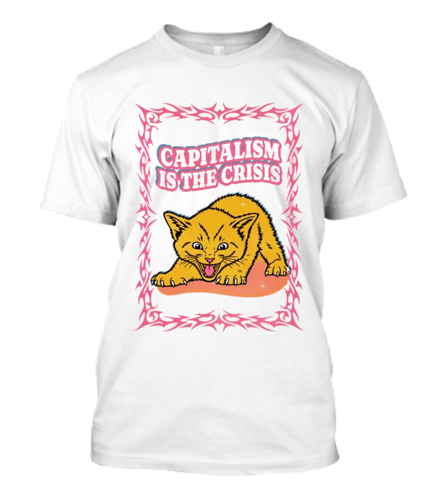 Capitalism Is The Crisis Angry Kitten Bold Text Pink Border T-Shirt