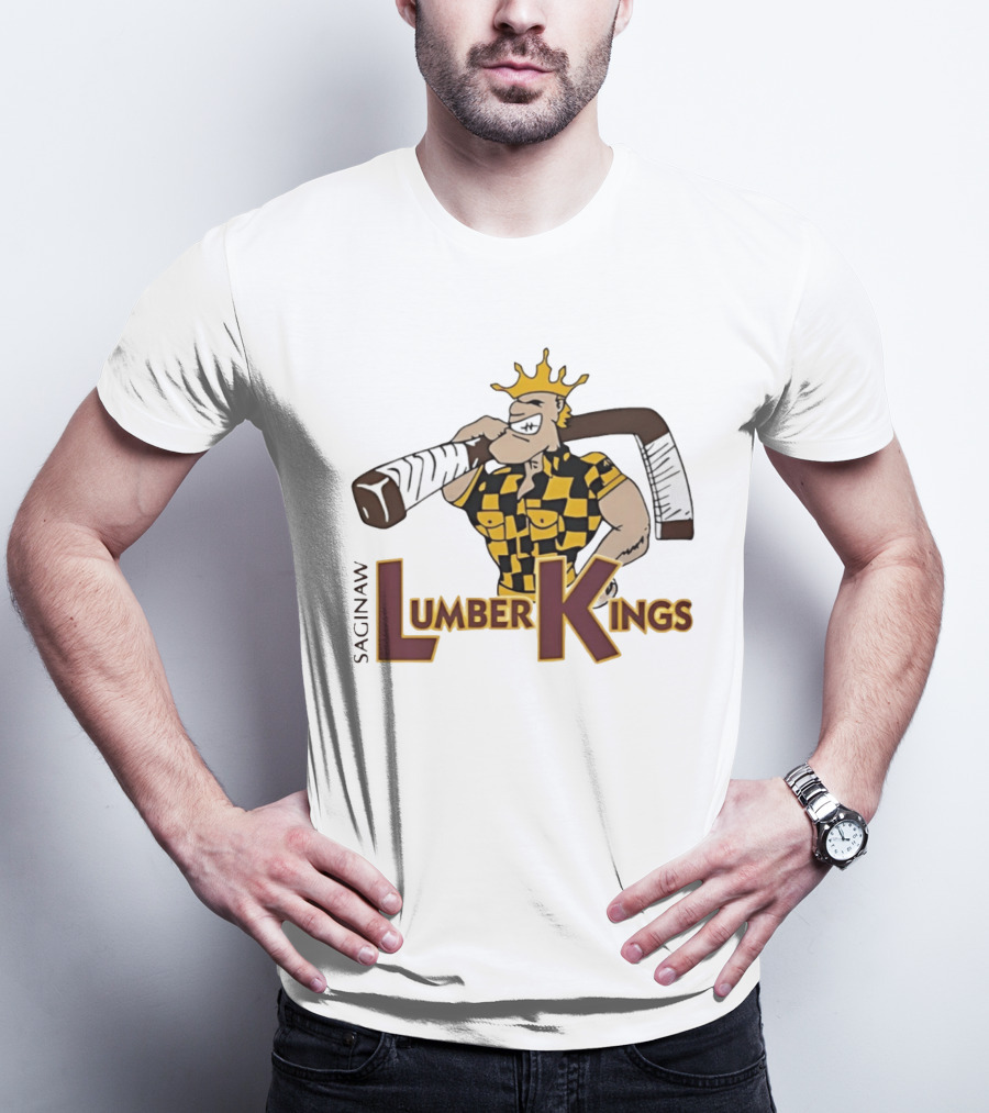 Saginaw Lumber Kings Hockey Team Logo Player With Crown And Hockey Stick T-Shirt