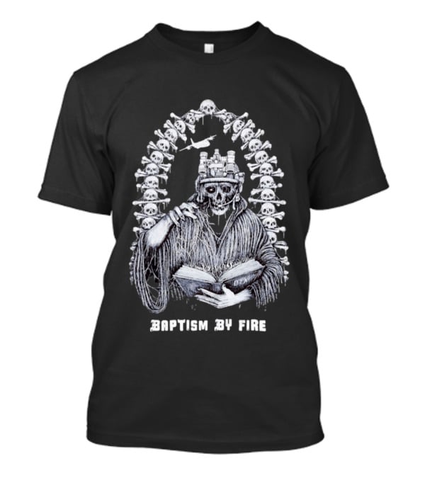 Baptism By Fire Skeleton Soldier Night Vision Goggles Book And Skulls T-Shirt