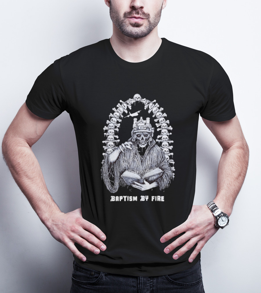 Baptism By Fire Skeleton Soldier Night Vision Goggles Book And Skulls T-Shirt