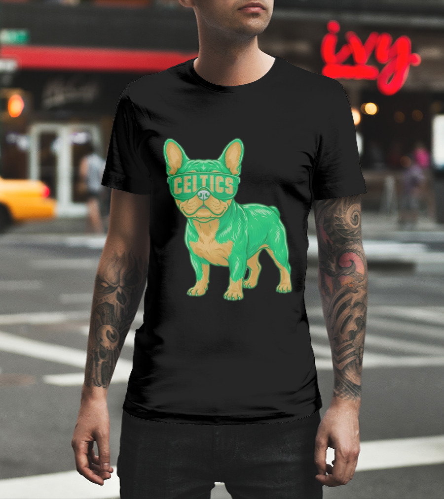 Boston Celtics French Bulldog Wearing Celtics Glasses T-Shirt