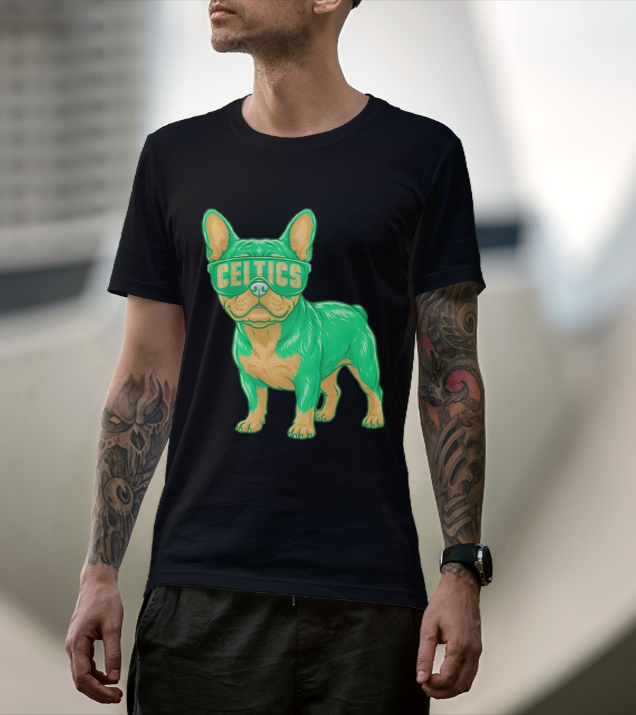 Boston Celtics French Bulldog Wearing Celtics Glasses T-Shirt