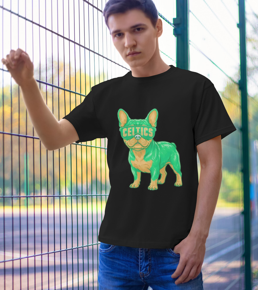 Boston Celtics French Bulldog Wearing Celtics Glasses T-Shirt