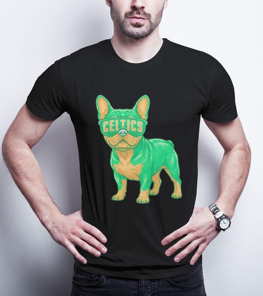 Boston Celtics French Bulldog Wearing Celtics Glasses T-Shirt