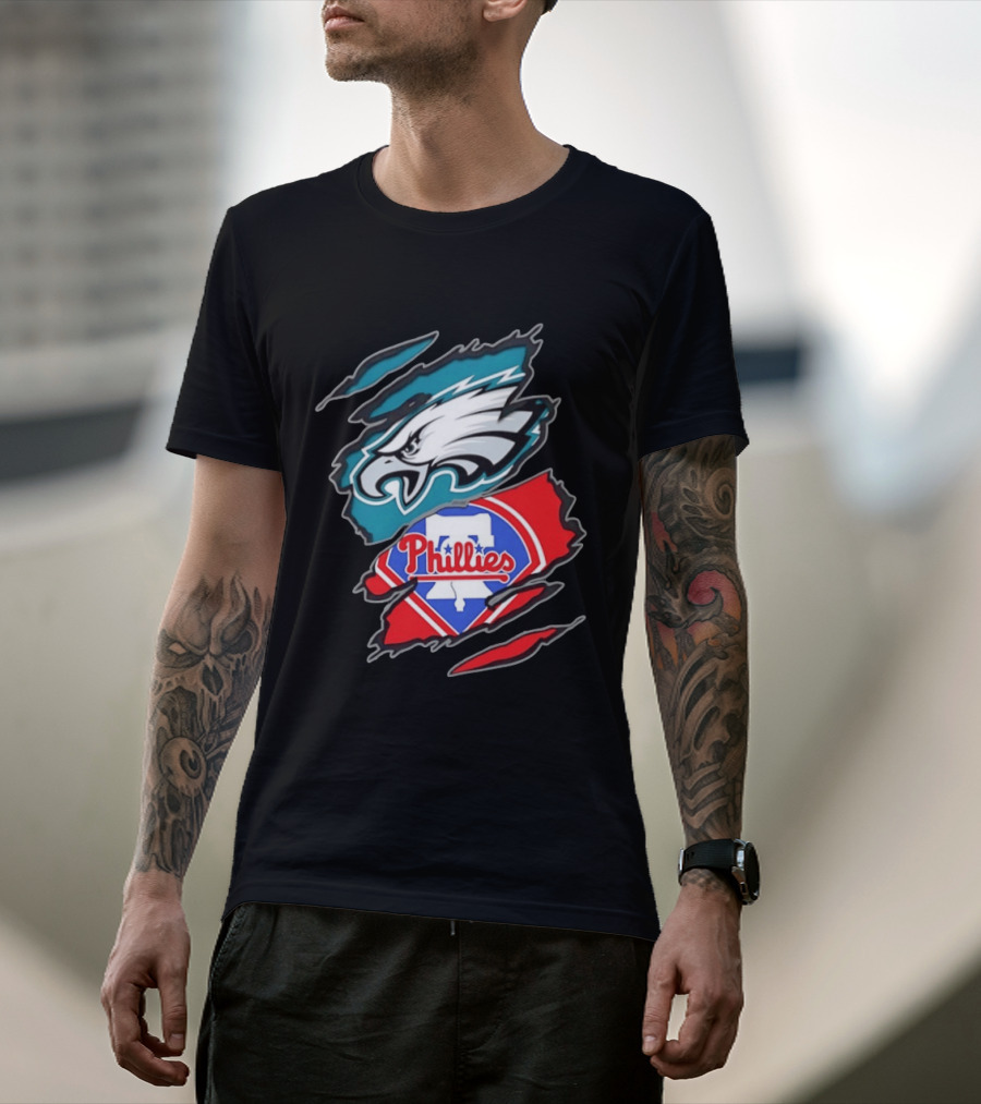 Philadelphia Eagles And Philadelphia Phillies Two Teams One Heart Scratch Logo Fusion T-Shirt