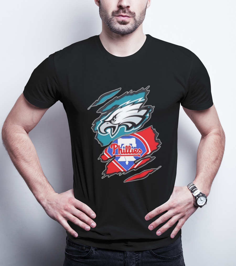 Philadelphia Eagles And Philadelphia Phillies Two Teams One Heart Scratch Logo Fusion T-Shirt