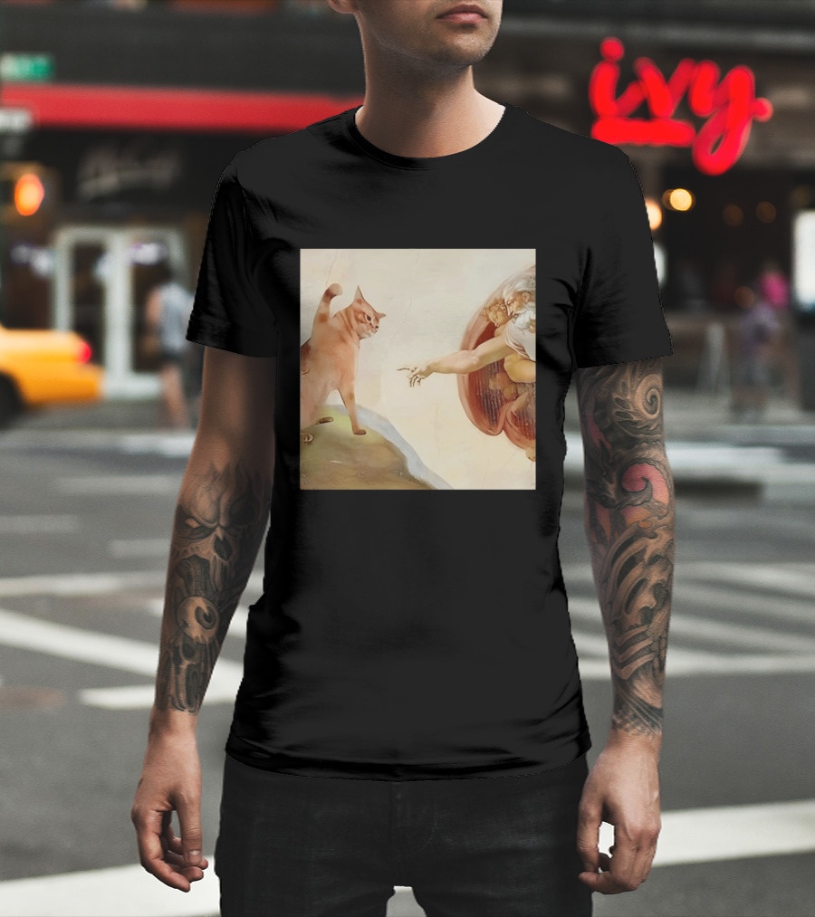 Floppa Meets Creation In Iconic God Touching Fingers Scene T-Shirt