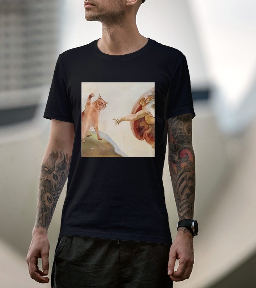 Floppa Meets Creation In Iconic God Touching Fingers Scene T-Shirt