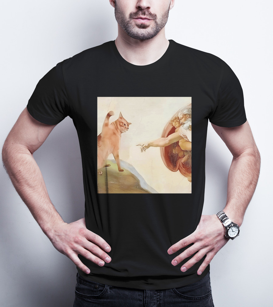 Floppa Meets Creation In Iconic God Touching Fingers Scene T-Shirt