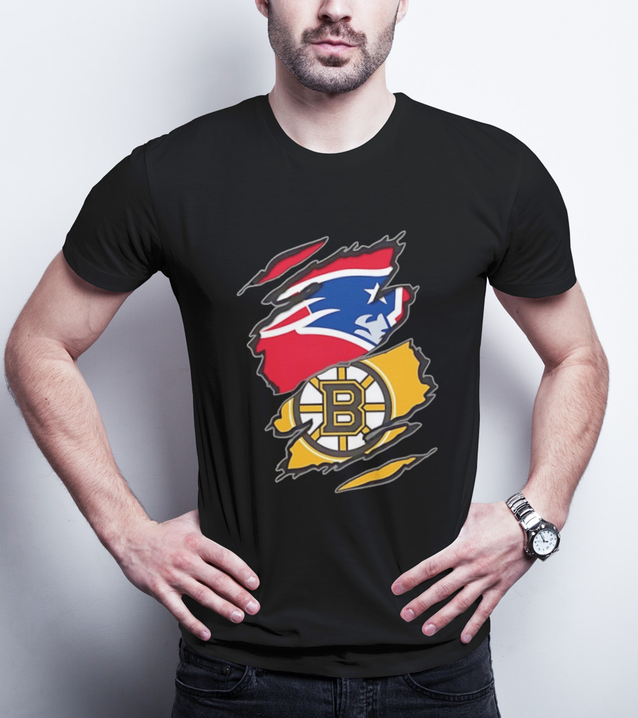 New England Patriots Boston Bruins Two Teams One Heart Scratch NFL NHL Fan T-Shirt