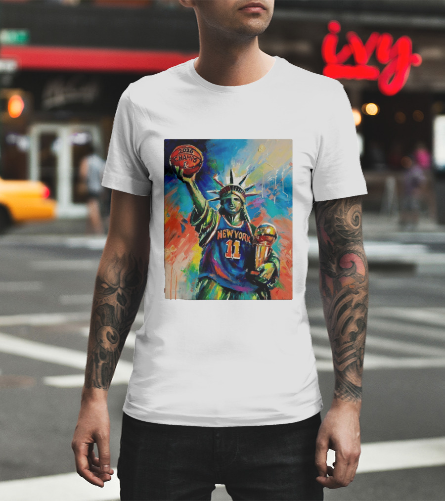 New York Knicks 11 Statue Of Liberty 2026 Champs Trophy Basketball T-Shirt