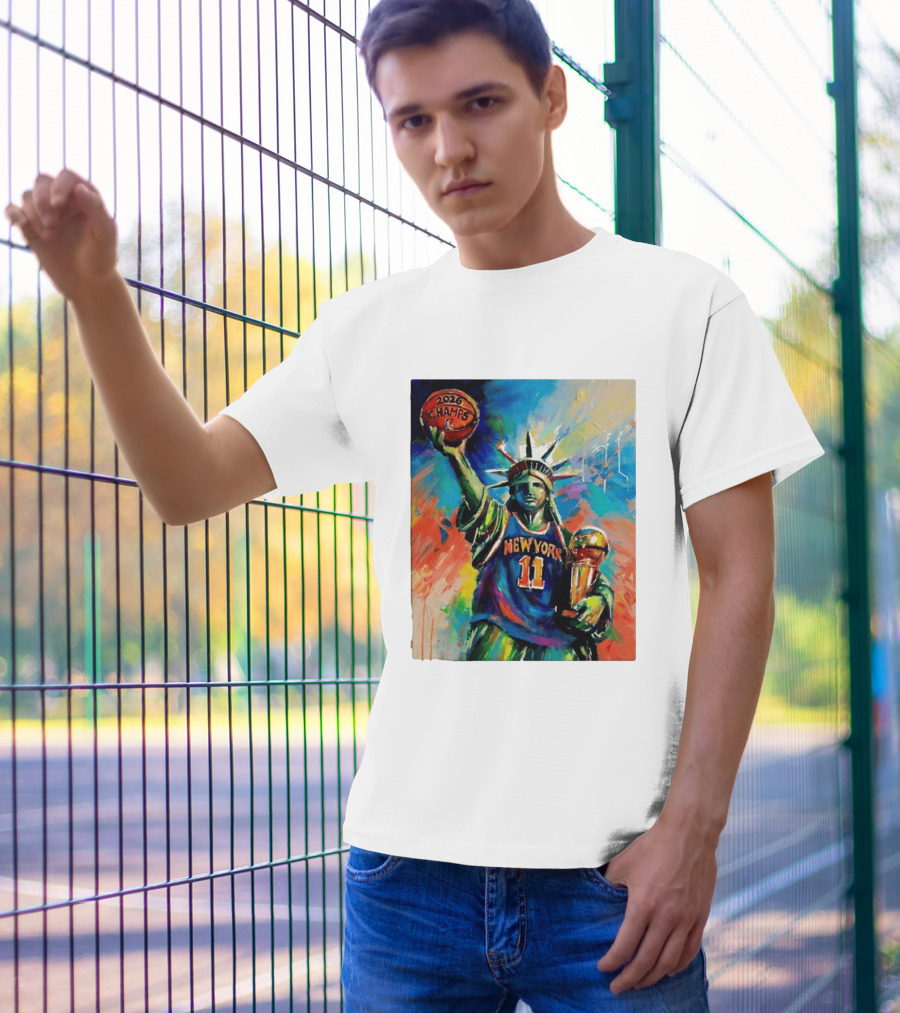 New York Knicks 11 Statue Of Liberty 2026 Champs Trophy Basketball T-Shirt