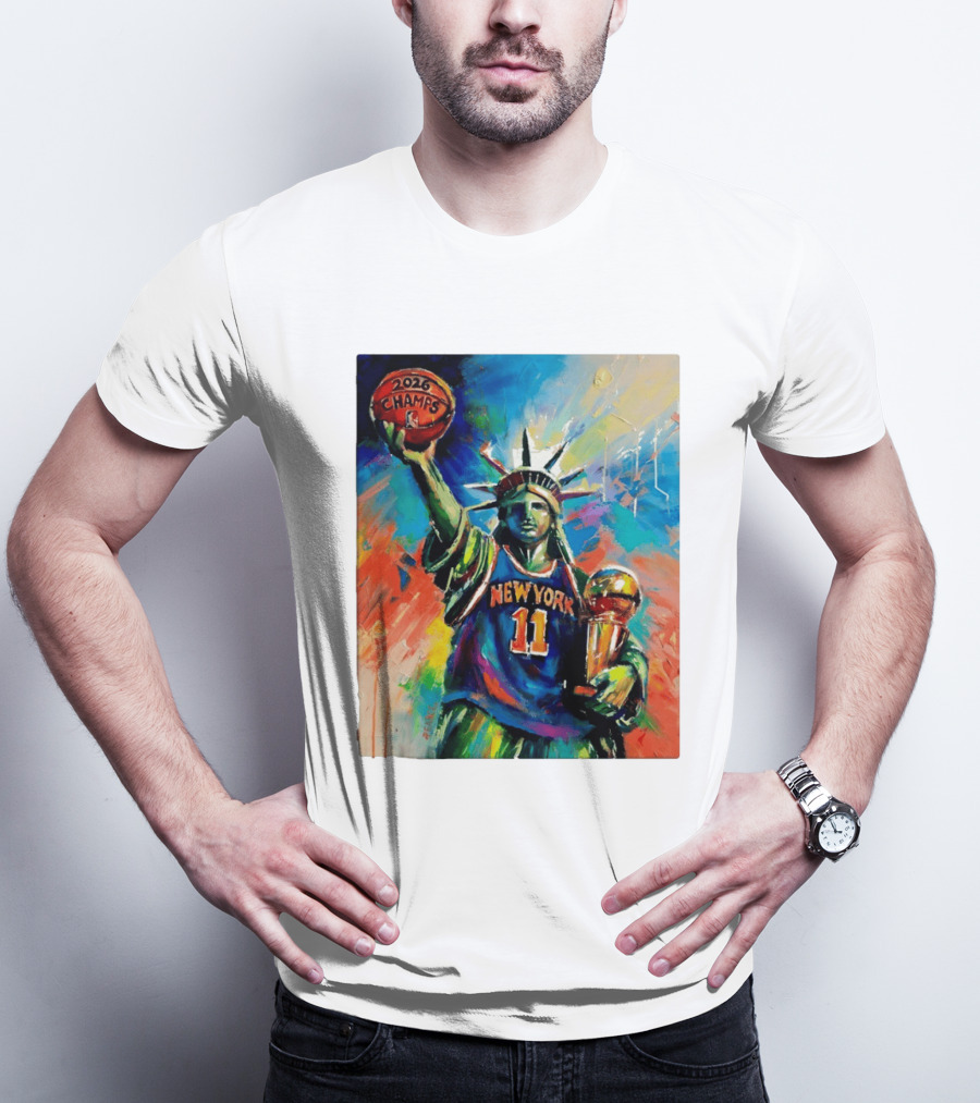 New York Knicks 11 Statue Of Liberty 2026 Champs Trophy Basketball T-Shirt