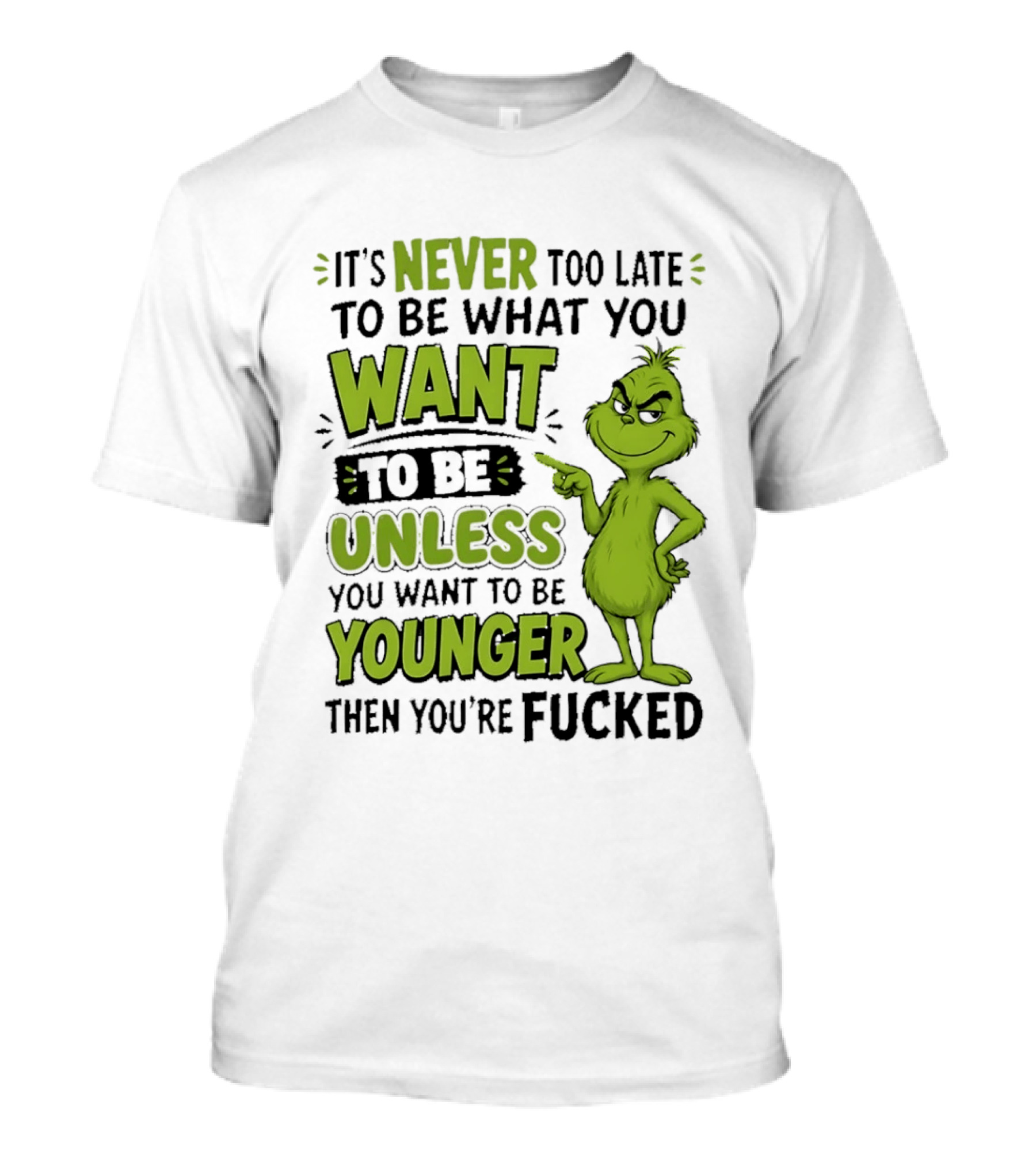 Never Too Late To Be What You Want Grinch Unless You Want To Be Younger T-Shirt