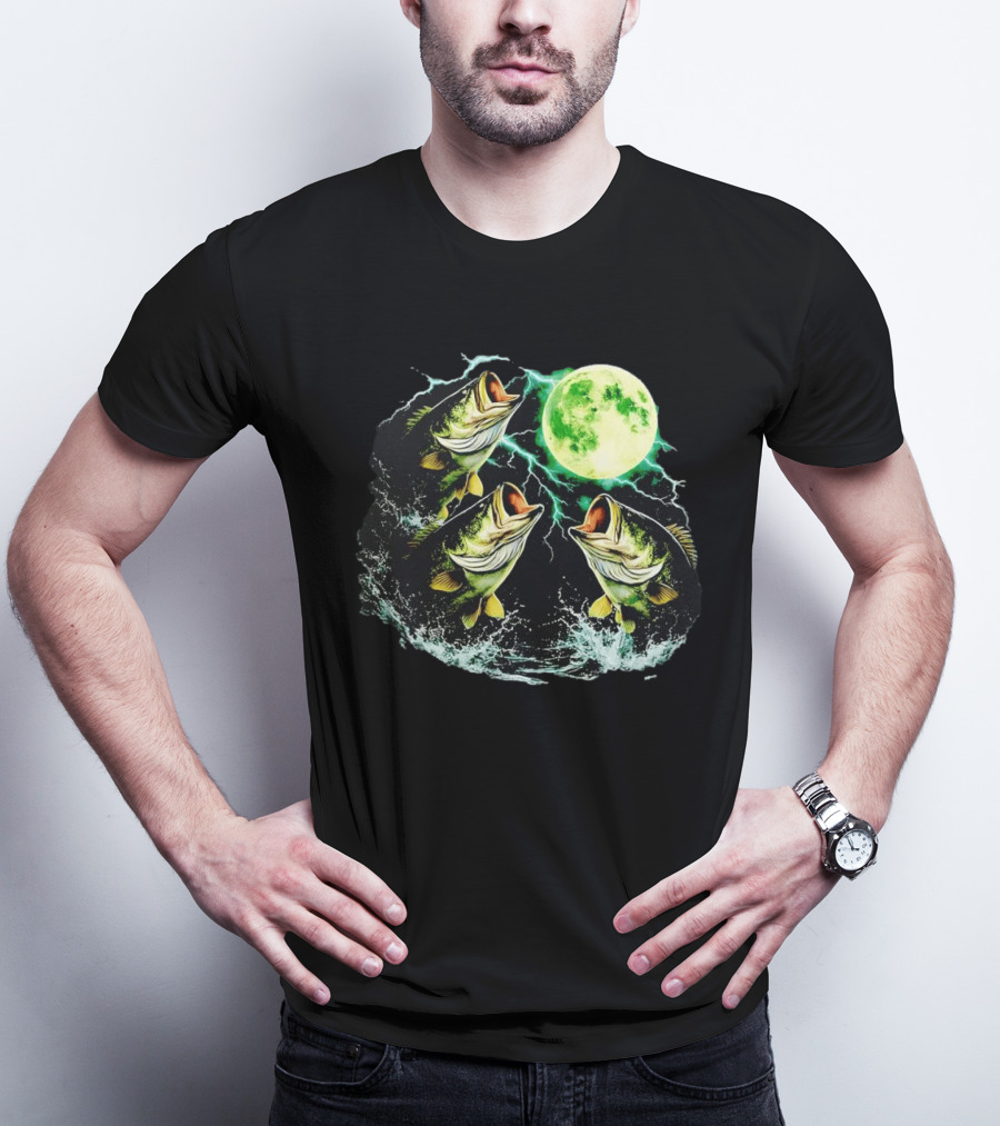 Bass Jumping Full Moon Night Wildlife Nature Scene T-Shirt