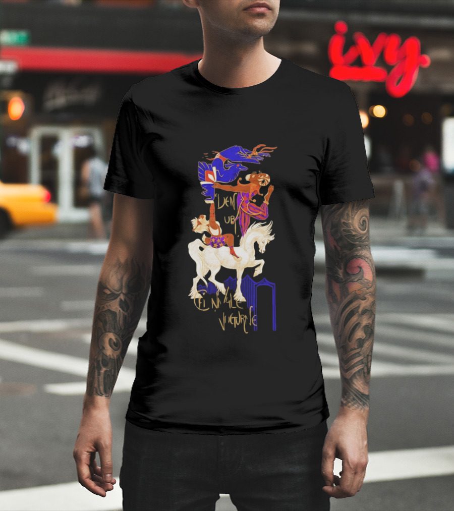 Cirque Style Acrobats On Horseback With Blue And Gold Accents T-Shirt