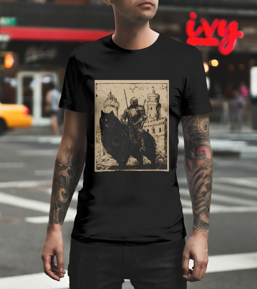 Knight Riding Giant Cat In Medieval Fantasy Castle Scene T-Shirt