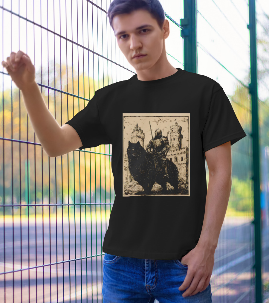 Knight Riding Giant Cat In Medieval Fantasy Castle Scene T-Shirt