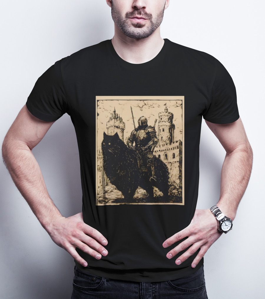 Knight Riding Giant Cat In Medieval Fantasy Castle Scene T-Shirt