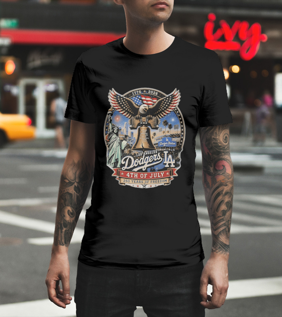 Los Angeles Dodgers 4th Of July 1776 2026 250 Years Of Freedom With Liberty Bell And Dodger Stadium T-Shirt
