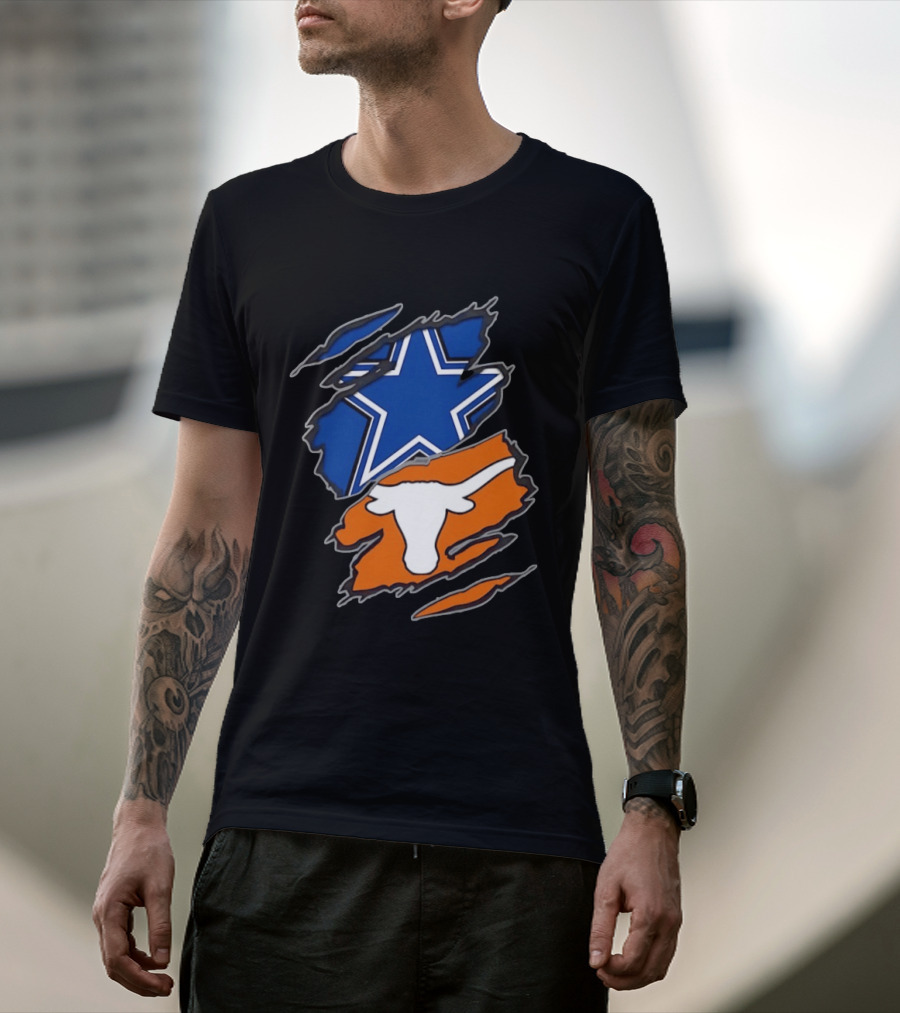 Dallas Cowboys Texas Longhorns Two Teams One Heart Scratch Torn Star Helmet T-Shirt