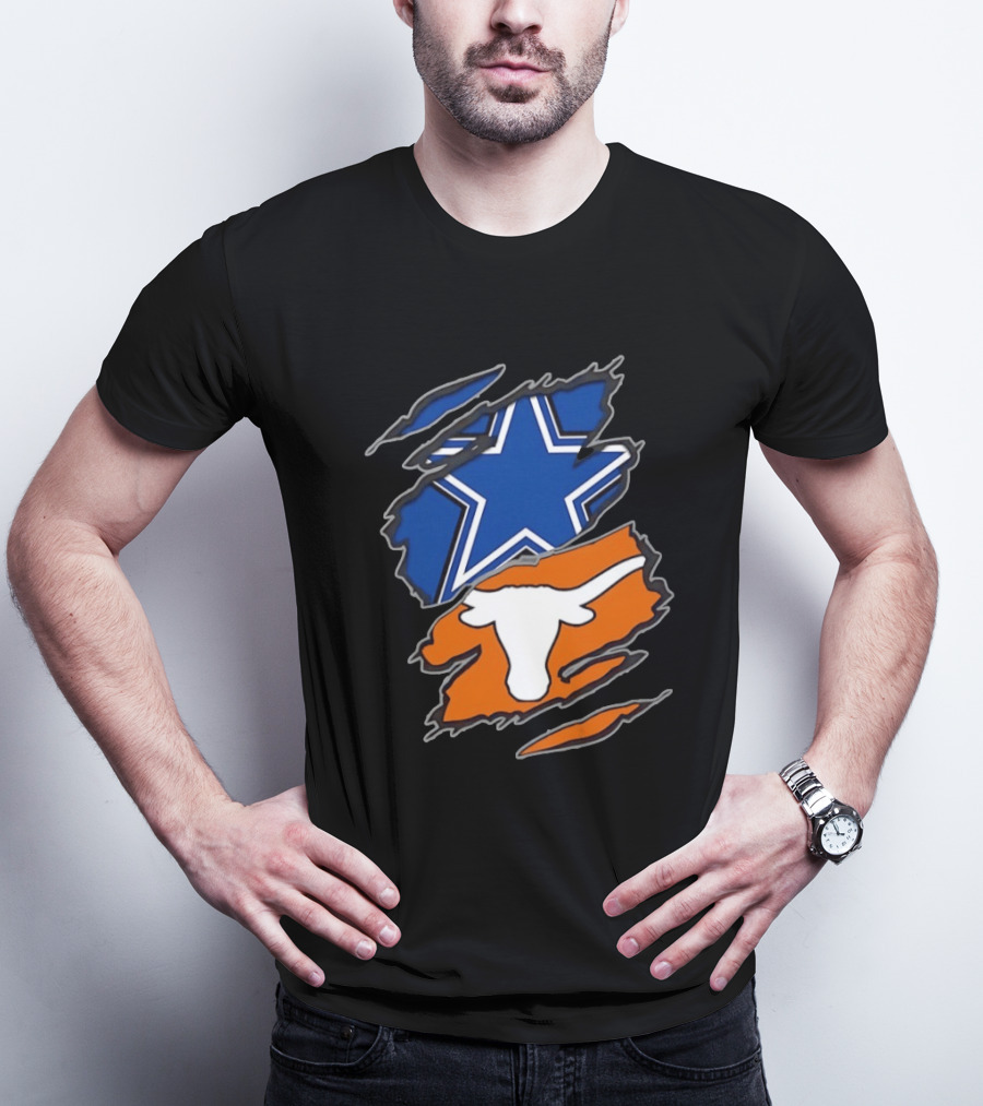 Dallas Cowboys Texas Longhorns Two Teams One Heart Scratch Torn Star Helmet T-Shirt